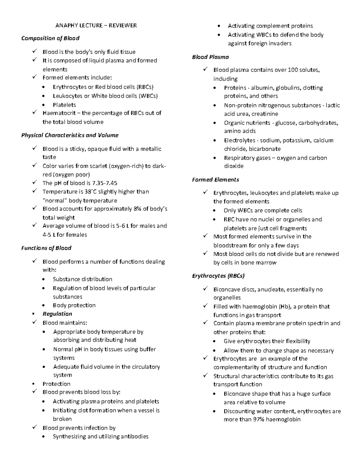Anaphy- Lecture - ANAPHY LECTURE – REVIEWER _Composition of Blood _ ü ...
