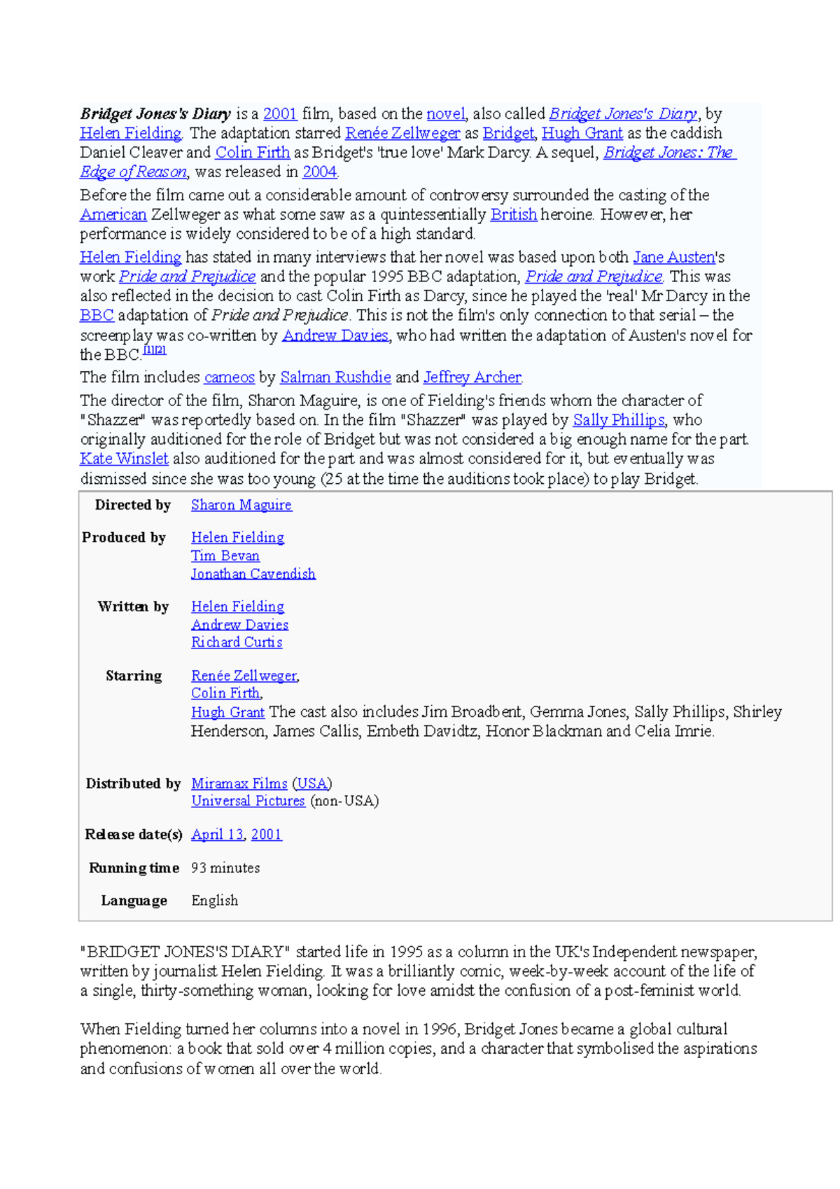 Bridget joness diary recensione - Westminster - Studocu