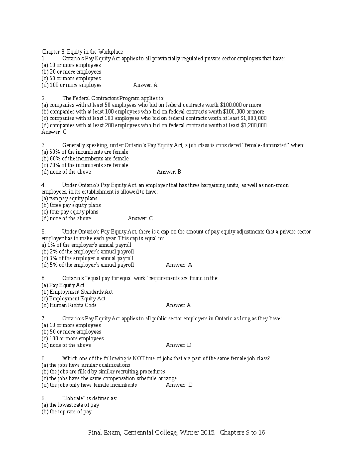 Docx - HR Quiz - Chapter 9: Equity in the Workplace Ontario’s Pay ...