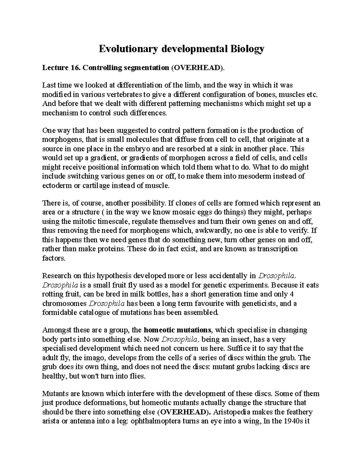 Evolutionary developmental Biology lecture 16 - Controlling ...