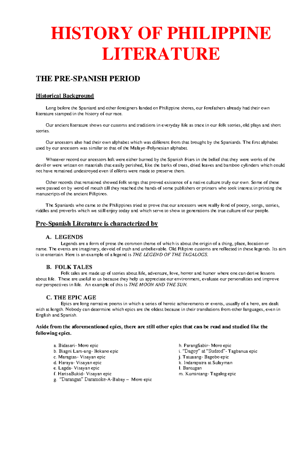 History OF Philippine Literature - HISTORY OF PHILIPPINE LITERATURE THE ...