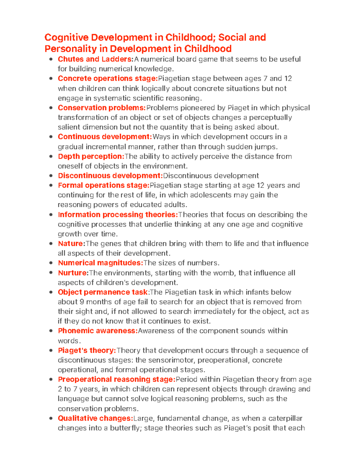 Cognitive Development in Childhood; Social and Personality in ...