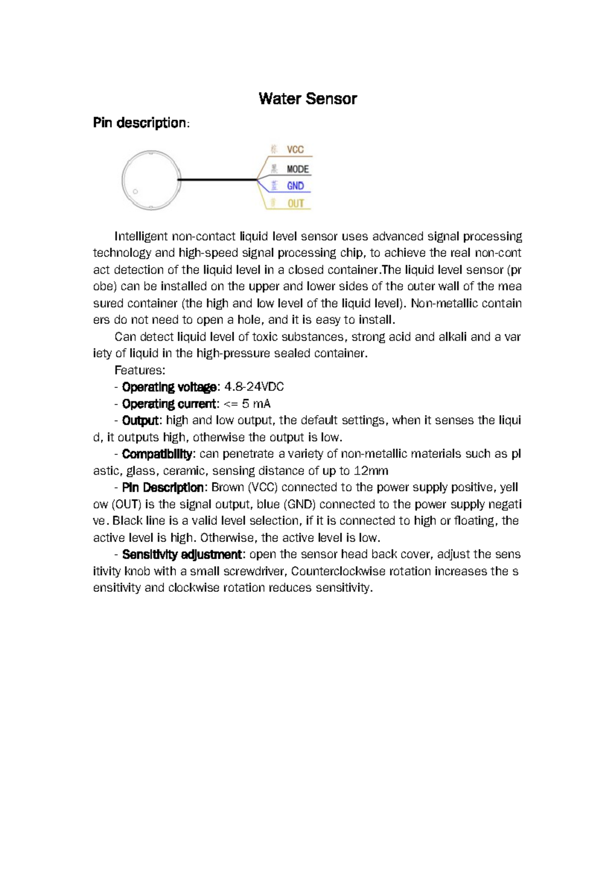 Water Sensor - Water Sensor Pin description: Intelligent non-contact ...