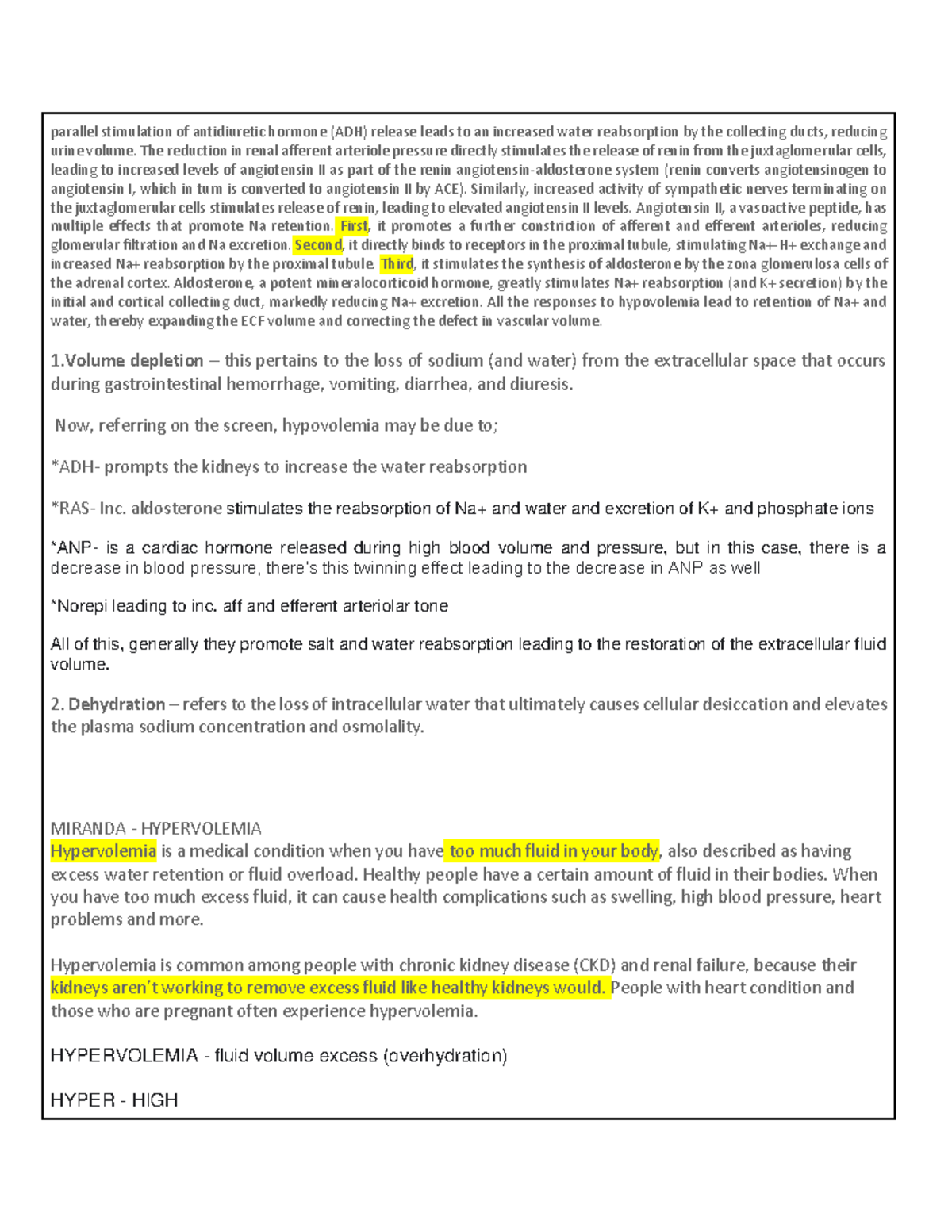 Physio 2 notes-8-13 - parallel stimulation of antidiuretic hormone (ADH ...
