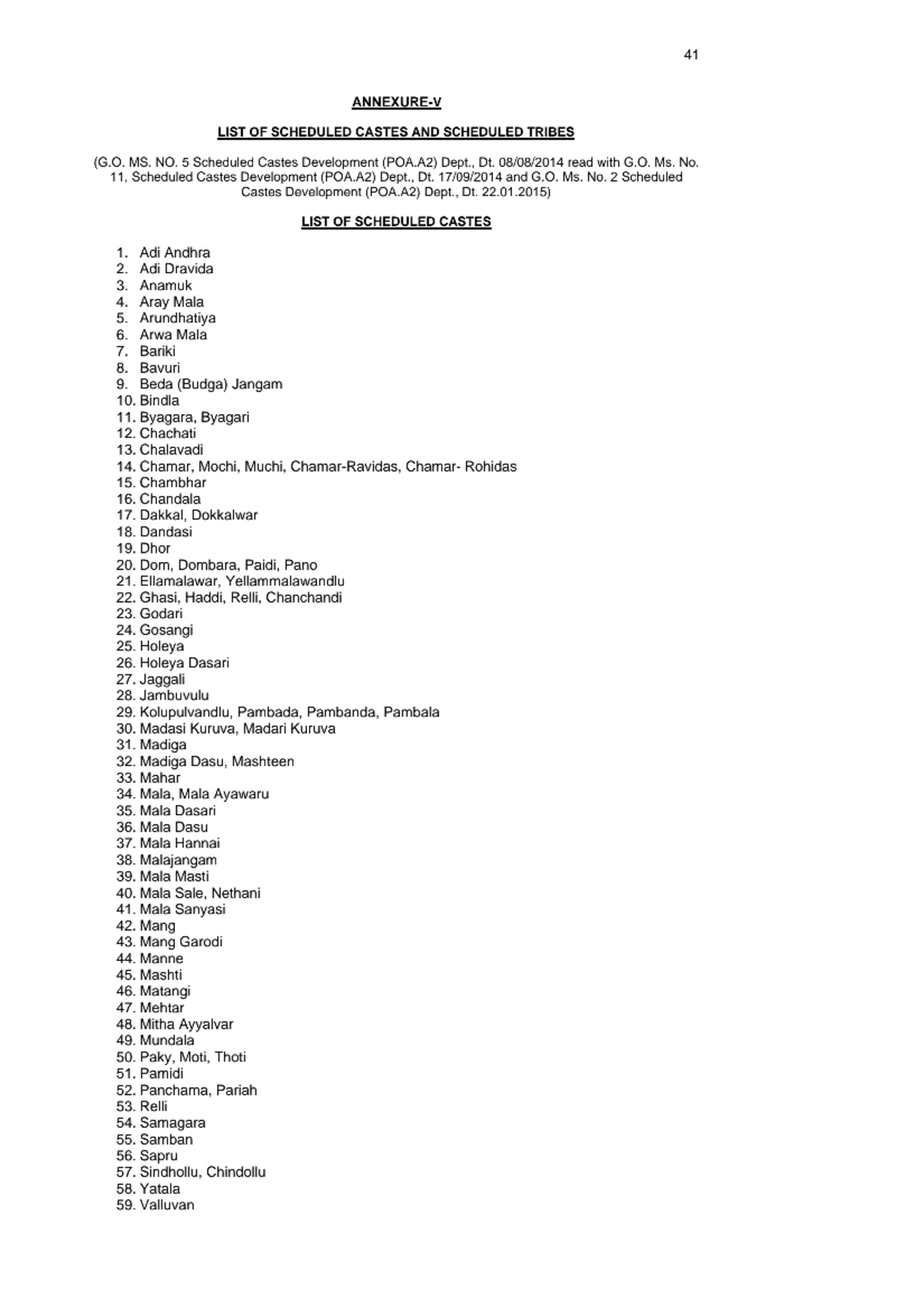 Telangana state Castes and sub Castes - 41 ANNEXURE-V LIST OF SCHEDULED ...