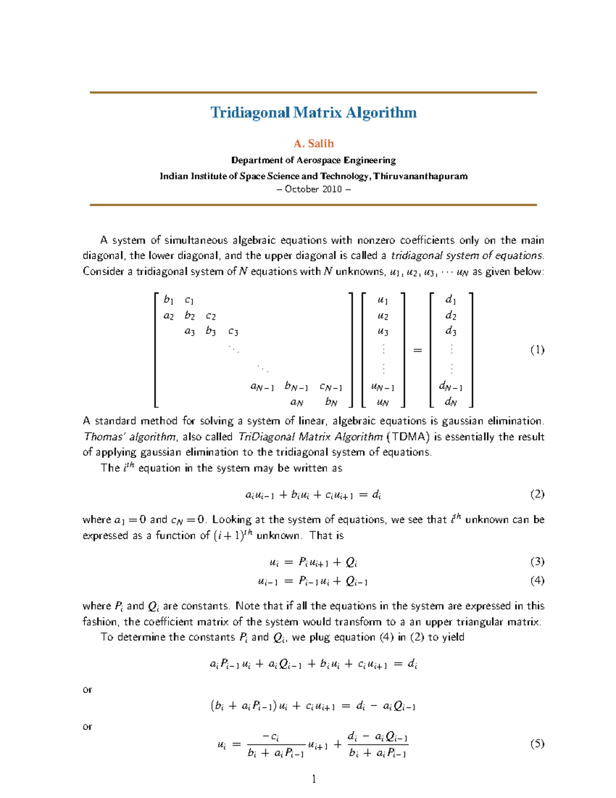 Cfd Tdma Algorithm Tridiagonal Matrix Algorithm A Salih Department