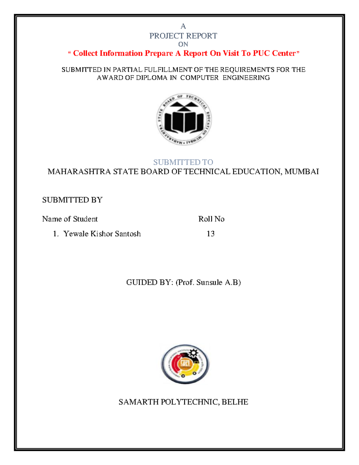 EST Micro Project 1 - A PROJECT REPORT ####### ON “ Collect Information Prepare A Report On ...