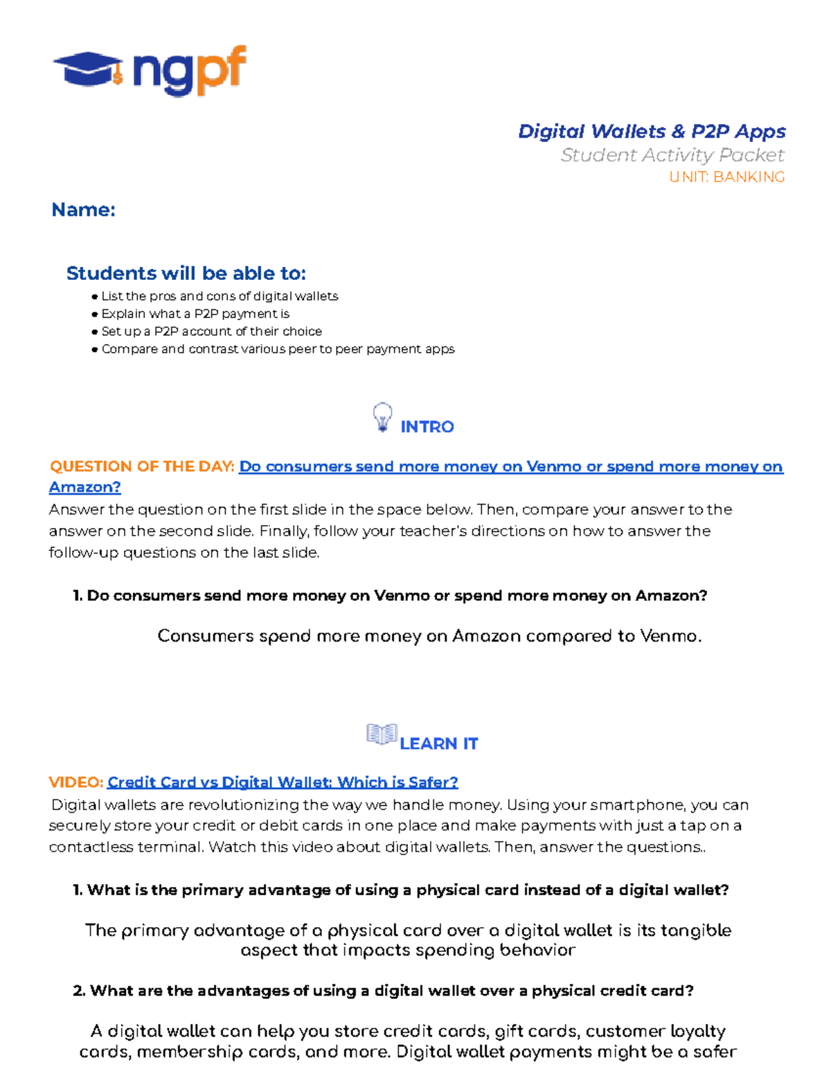 Digital Wallets & P2P Apps Student Activity Packet - Digital Wallets ...