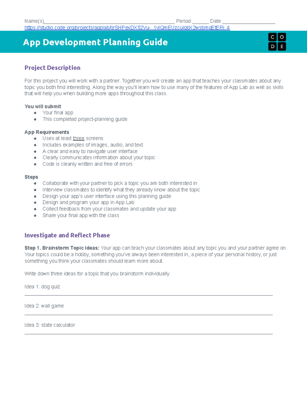 Copy of App Development Planning Guide - Name(s