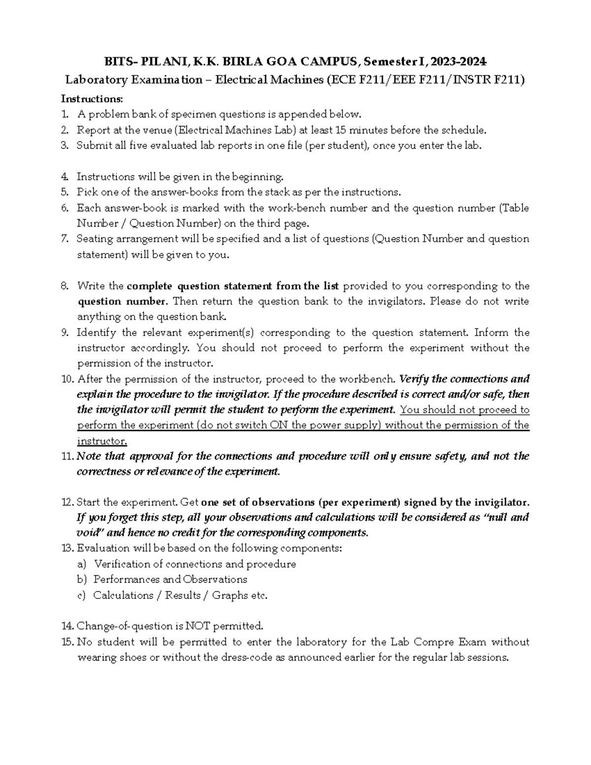 Instructions and Sample questions - BITS- PILANI, K. BIRLA GOA CAMPUS ...