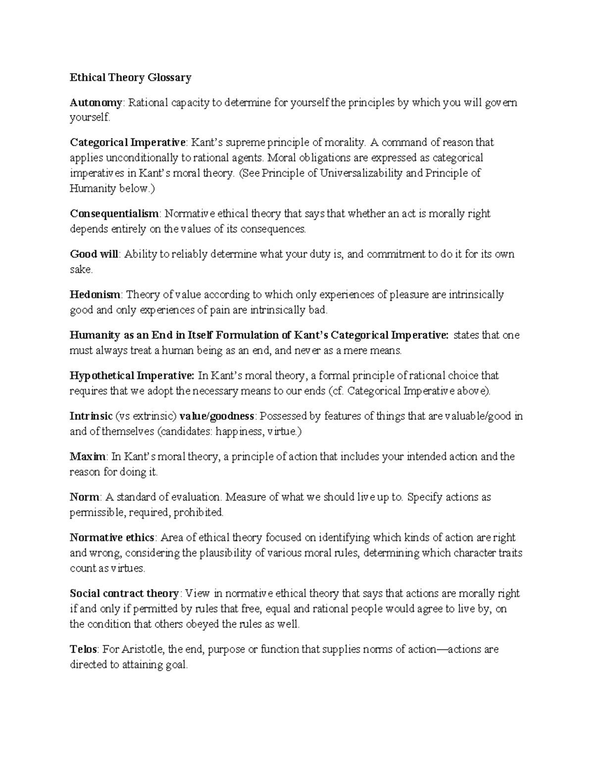 Ethical Theory Glossary - Ethical Theory Glossary Autonomy: Rational ...