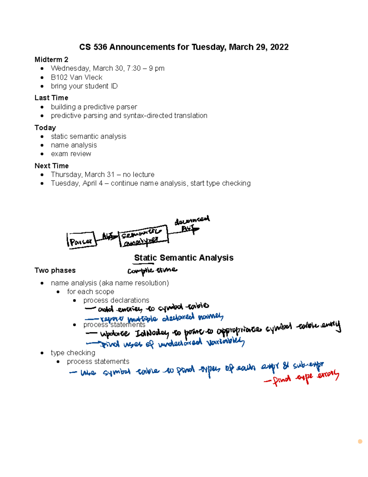 Lec - Week10 - CS 536 Announcements for Tuesday, March 29, 2022 Midterm 2 Wednesday, March 30 ...