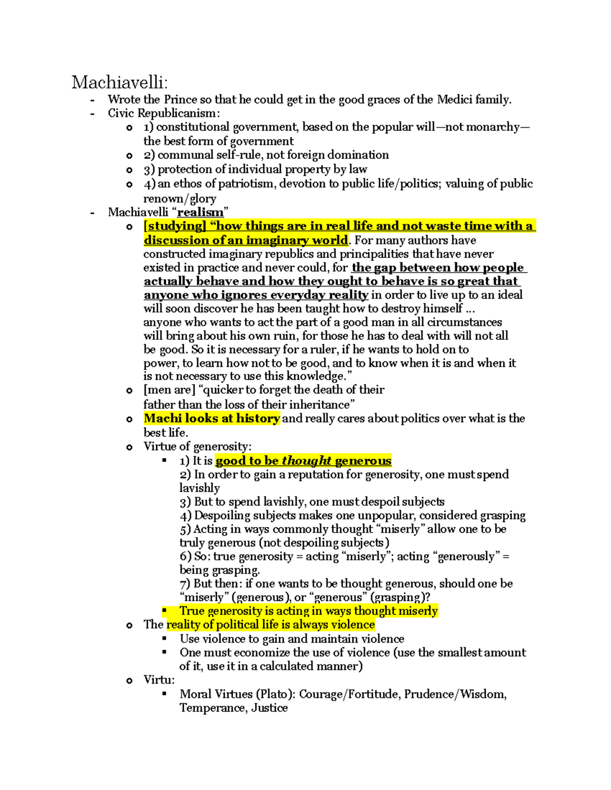 PST Summary of Each Reading/Lecture Notes - Machiavelli: - Wrote the ...