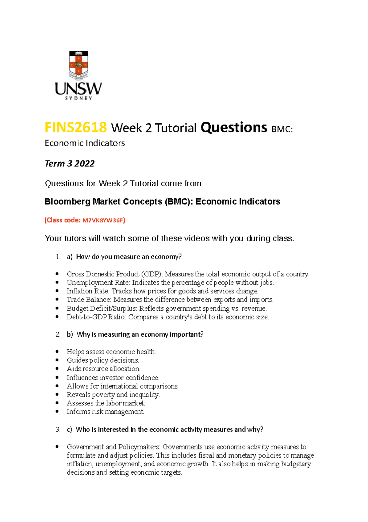 FINS2618 Week 2 Tutorial Questions BMC - 1. a) How do you measure an ...
