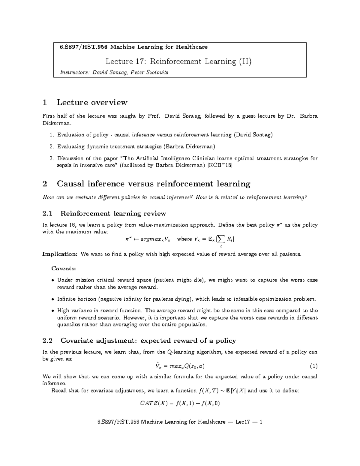 Reinforcement Learning (II) - 6.S897/HST Machine Learning for ...