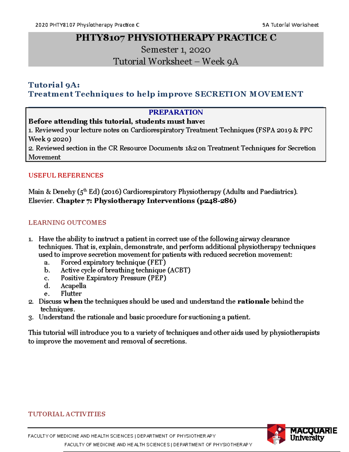 Tutorial A - PHTY8107 PHYSIOTHERAPY PRACTICE C Semester 1, 2020 Tutorial Worksheet – Week 9A ...
