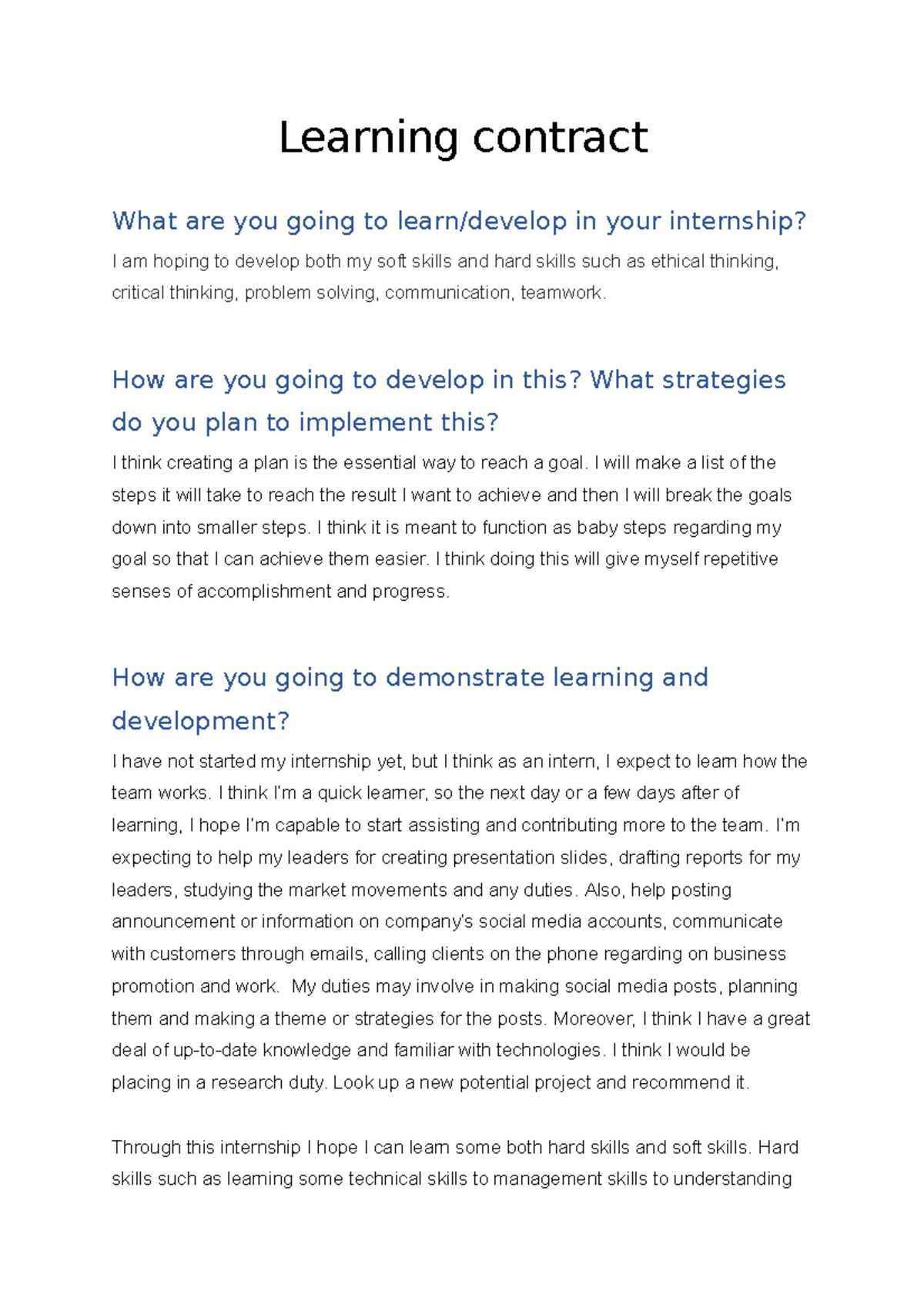 MQBS3000 Learning contract - Learning contract What are you going to ...