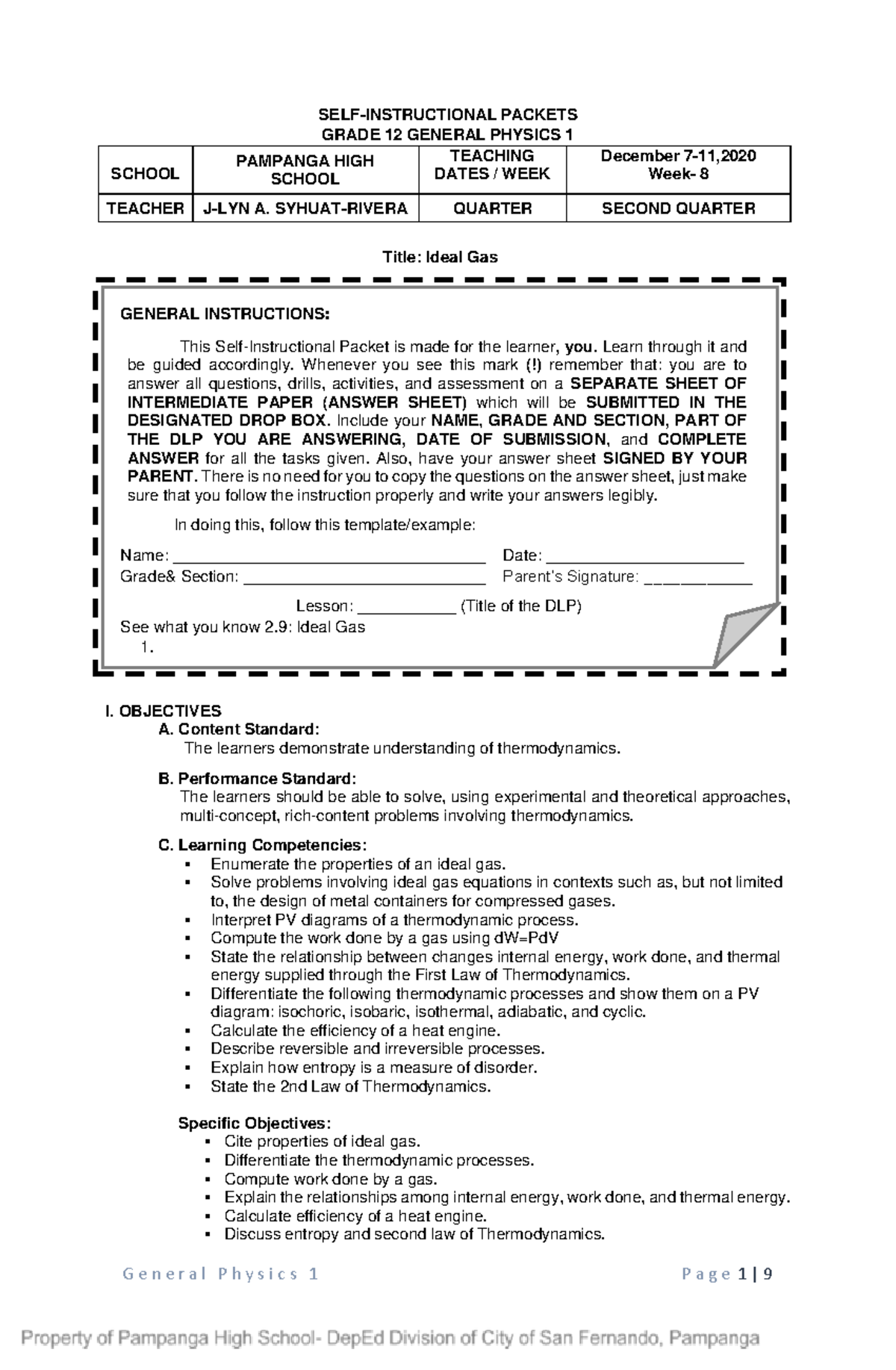 Physics 15 - SELF-INSTRUCTIONAL PACKETS GRADE 12 GENERAL PHYSICS 1 ...