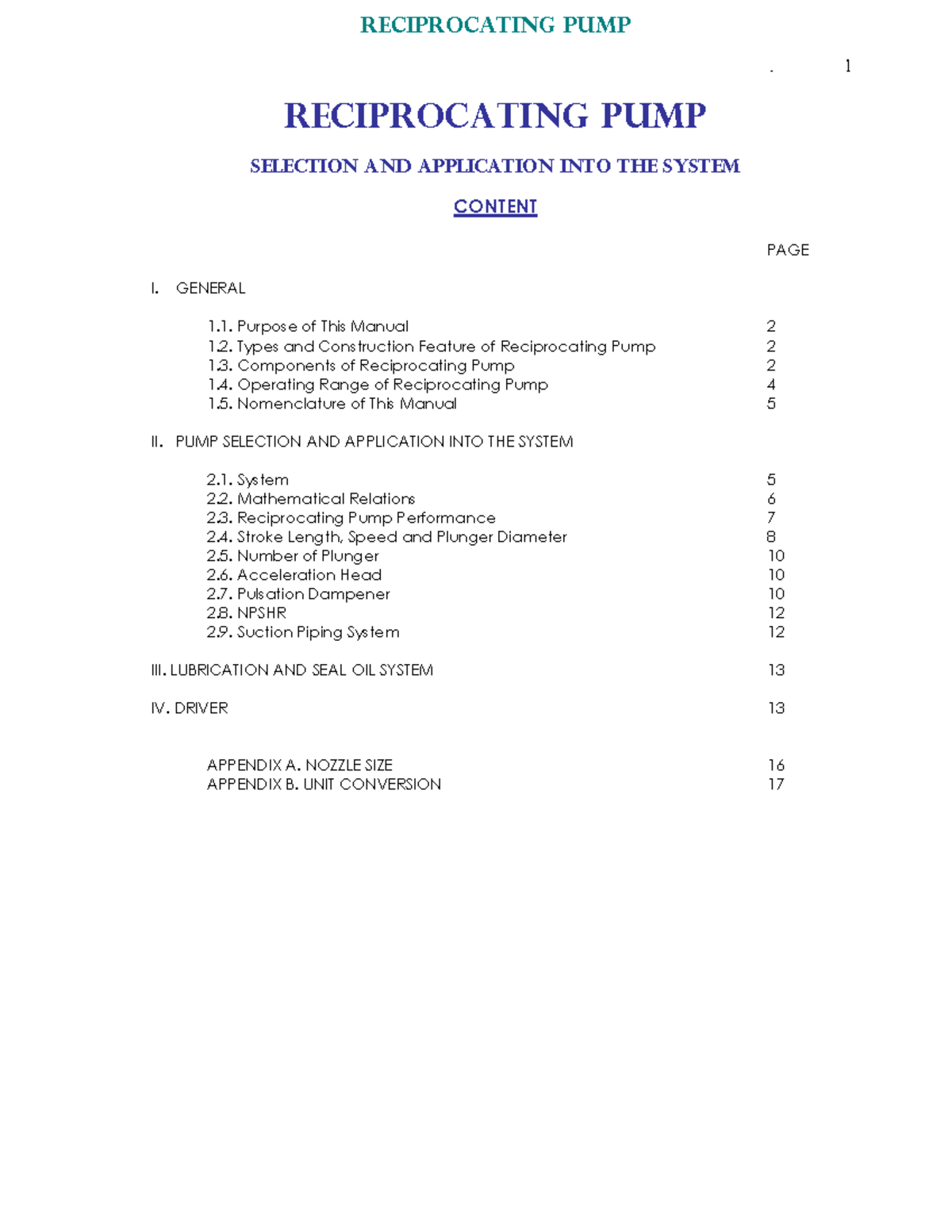 89400653 Reciprocating Pump Manual 1 - RECIPROCATING PUMP SELECTION AND APPLICATION INTO THE ...