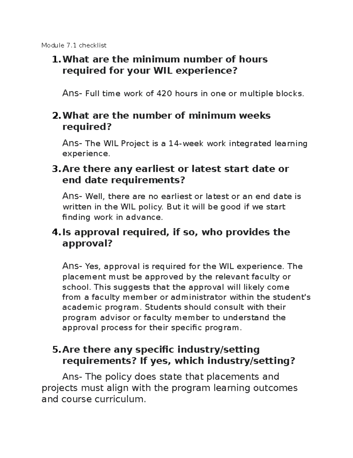 Module 7.1-checklist - Answered some questions related WIL project. - Module 7 checklist 1 are ...