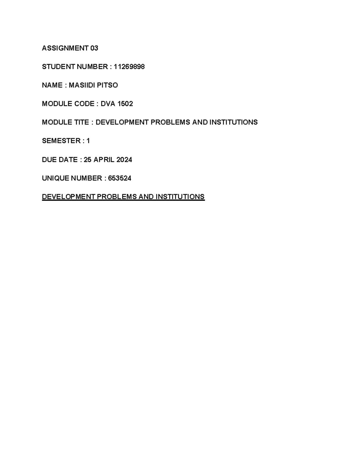 DVA1502 Assignment 3 Semester 1 - ASSIGNMENT 03 STUDENT NUMBER ...