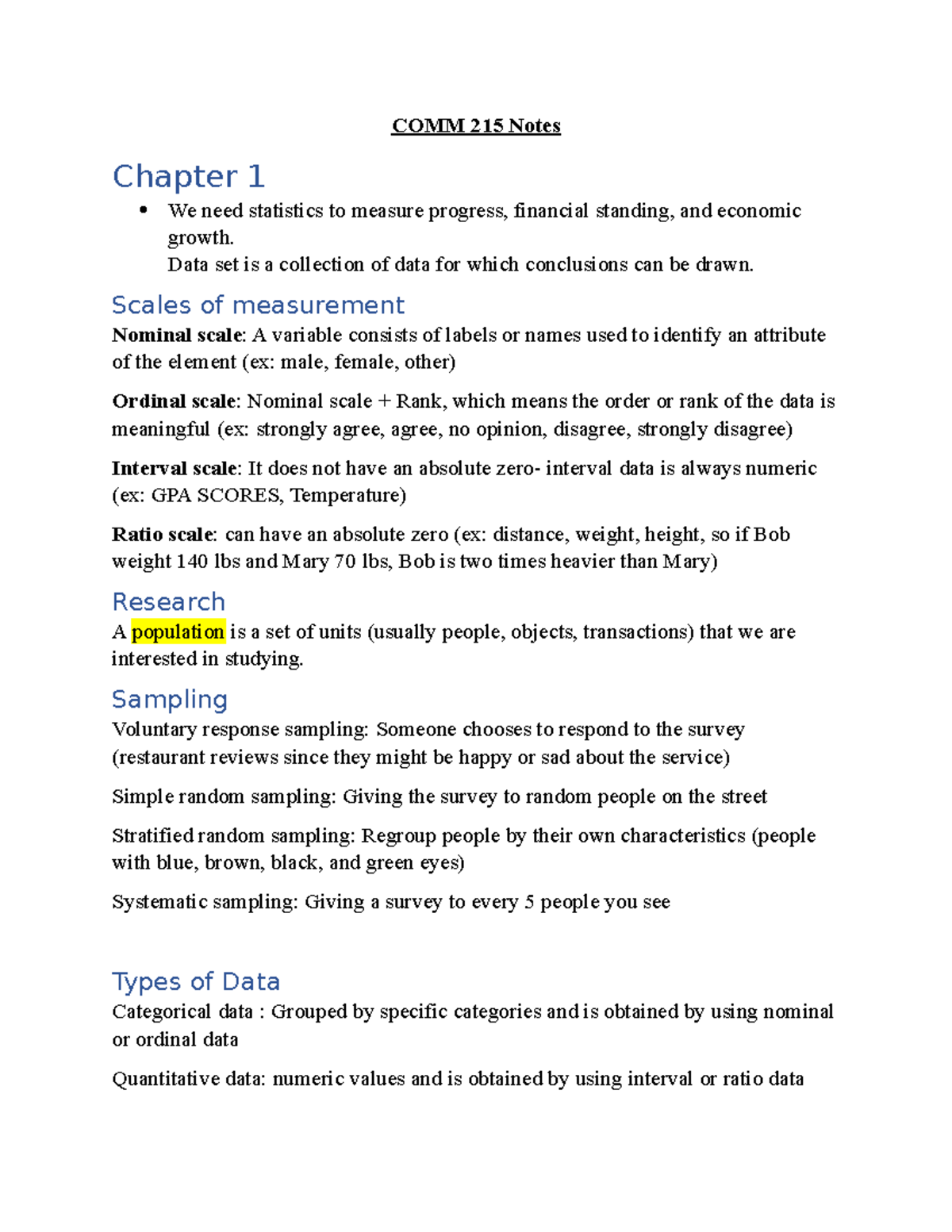 COMM 215 Notes - COMM 215 Notes Chapter 1 We need statistics to measure ...