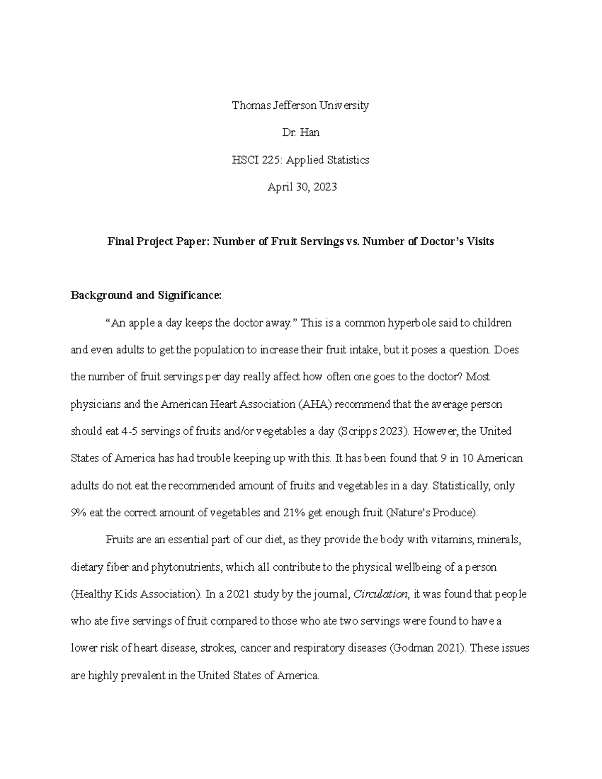 Applied Statistics Final Paper - Thomas Jefferson University Dr. Han ...