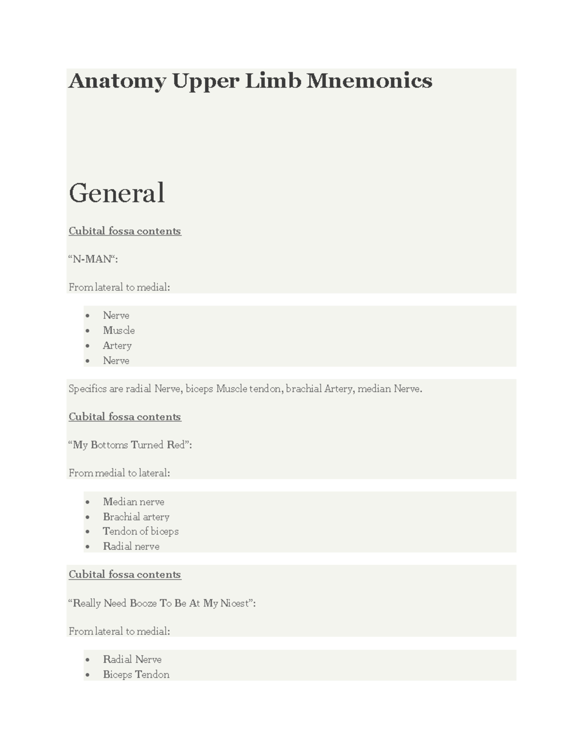 Anatomy Upper limb Mnemonics - Anatomy Upper Limb Mnemonics General ...