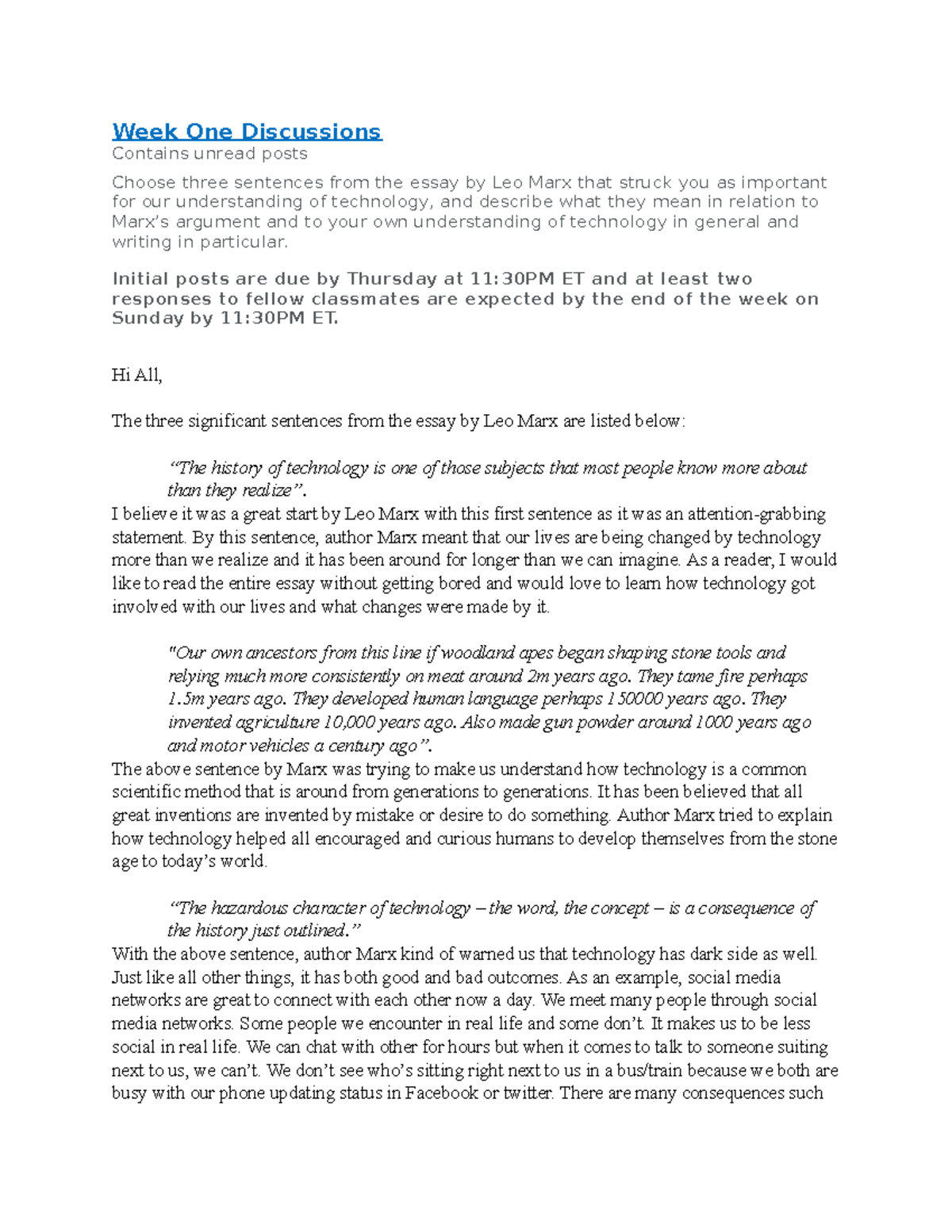 Week 1 - Weekly Discussion 1 - Week One Discussions Contains unread ...