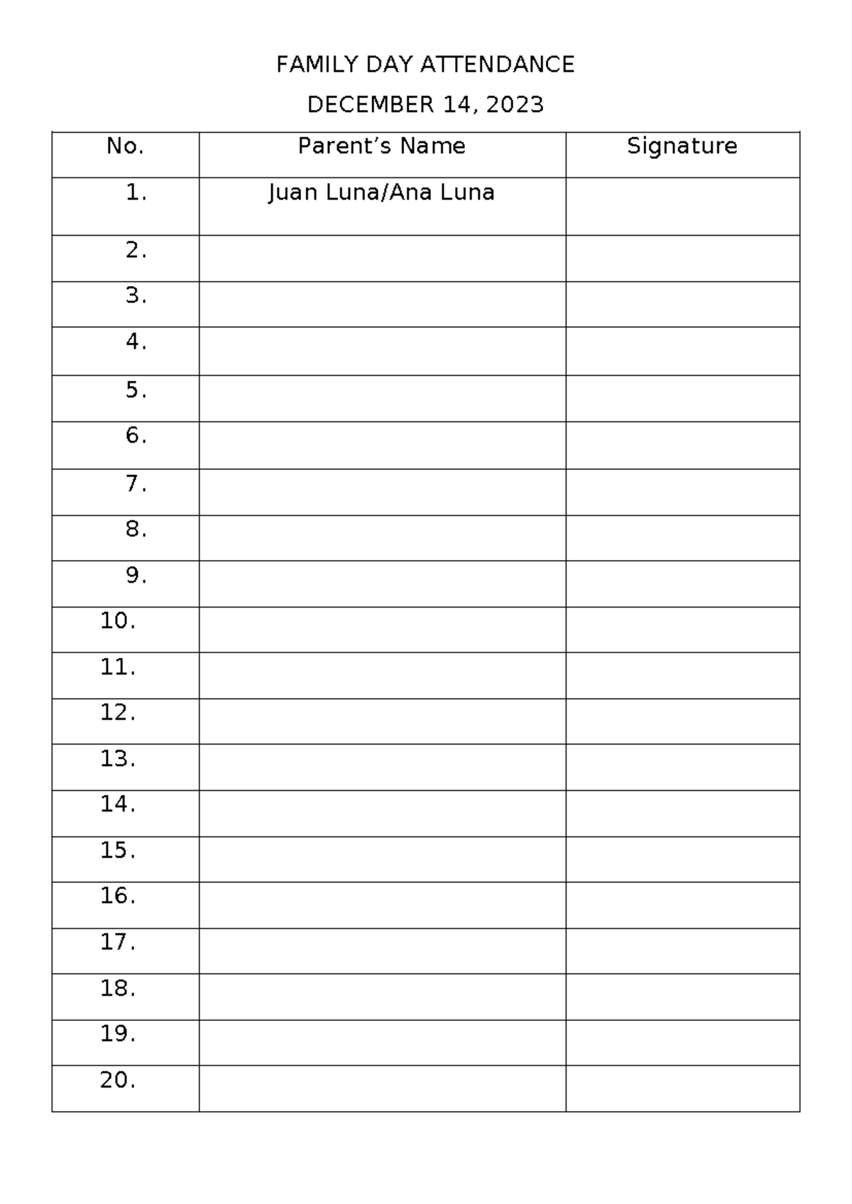 Family DAY Attendance - English - FAMILY DAY ATTENDANCE DECEMBER 14, 2023 No. Parent’s Name ...