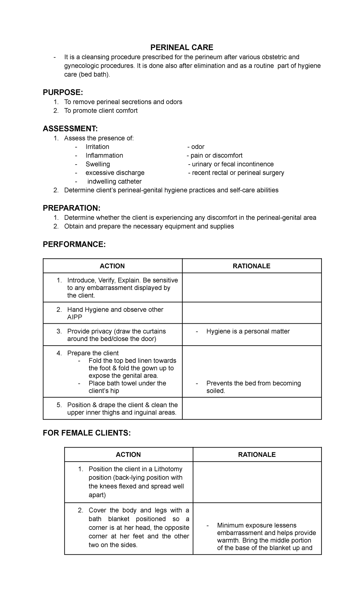 Female Perineal CARE - PERINEAL CARE It is a cleansing procedure ...