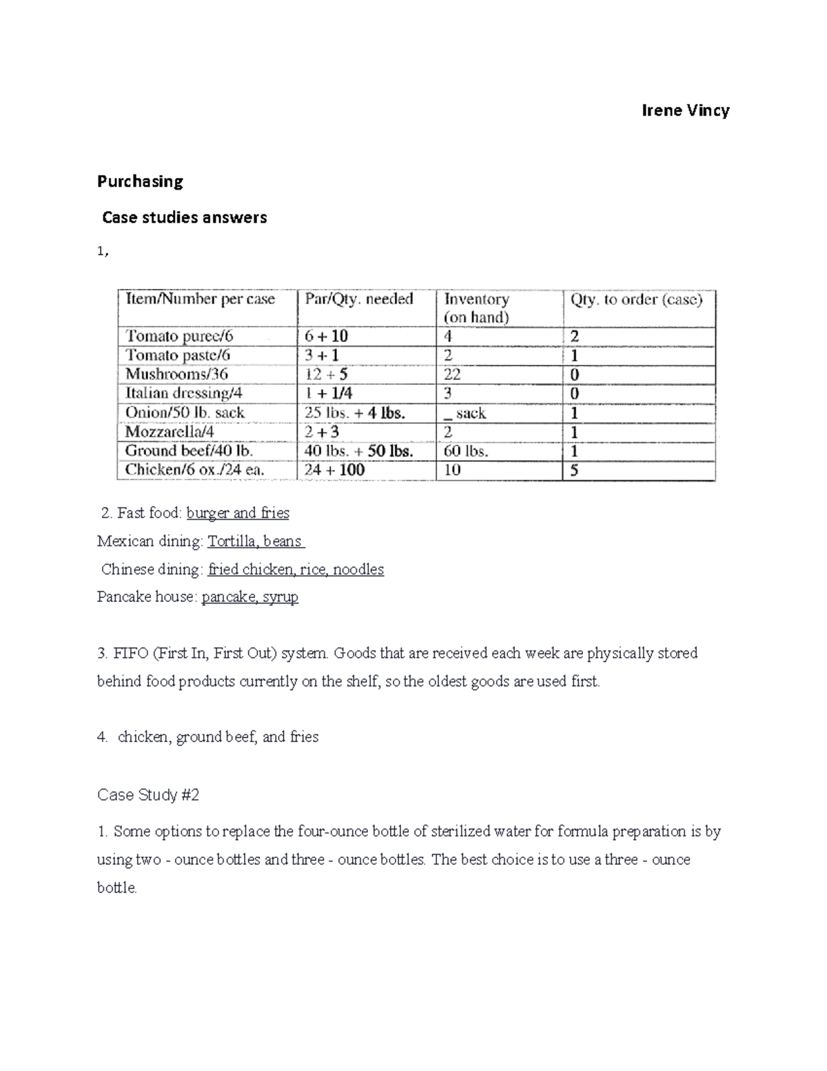 Purchasing case studies answers - Irene Vincy Purchasing Case studies answers 1, Fast food ...
