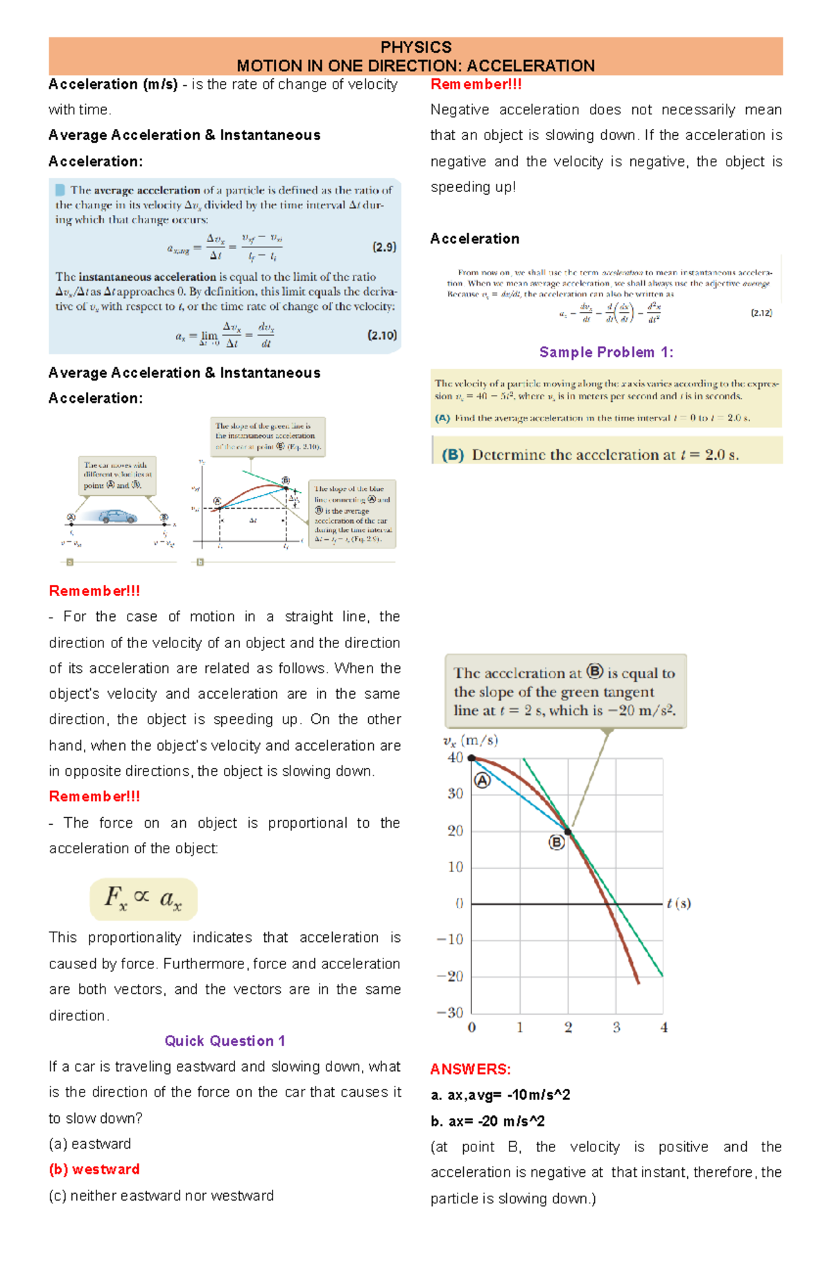 Acceleration - Lecture and Sample Problems - MOTION IN ONE DIRECTION ...