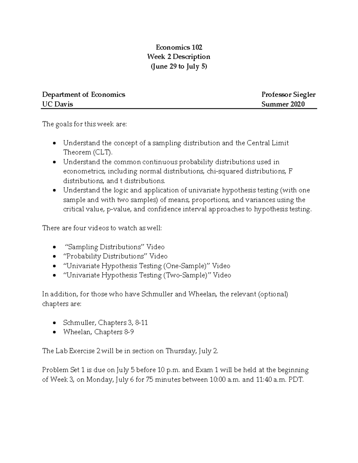 Economics 102 Week 2 Description Su2020 - **Economics 102 Week 2 ...