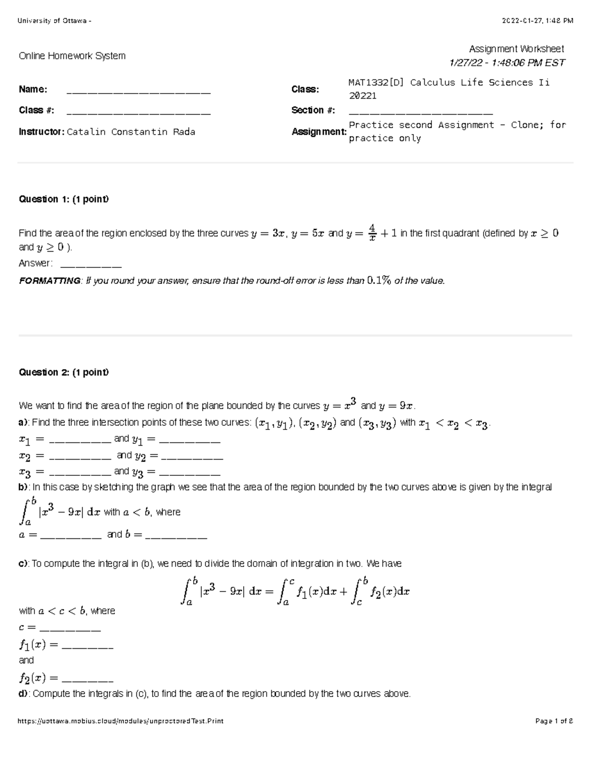 Mobius 2 - Practice - Online Homework System Assignment Worksheet 1/27 ...