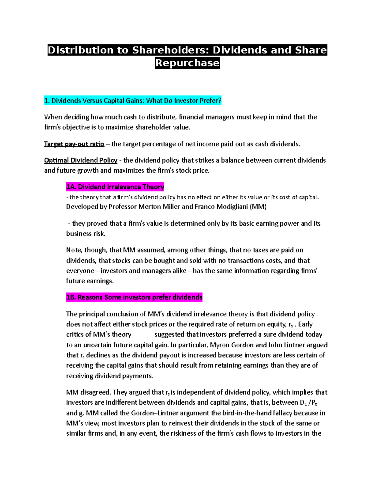 Distribution to Shareholders - Target pay-out ratio – the target ...