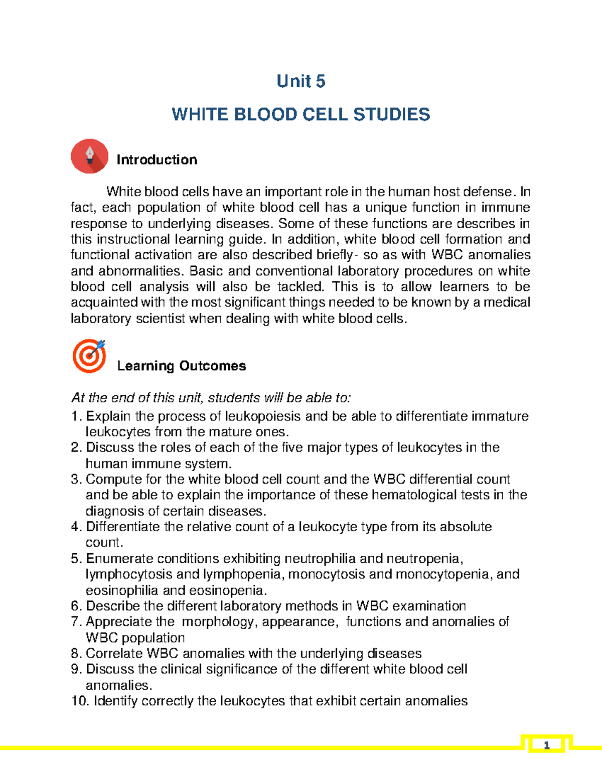 White Blood Cells - Unit 5 WHITE BLOOD CELL STUDIES Introduction White ...