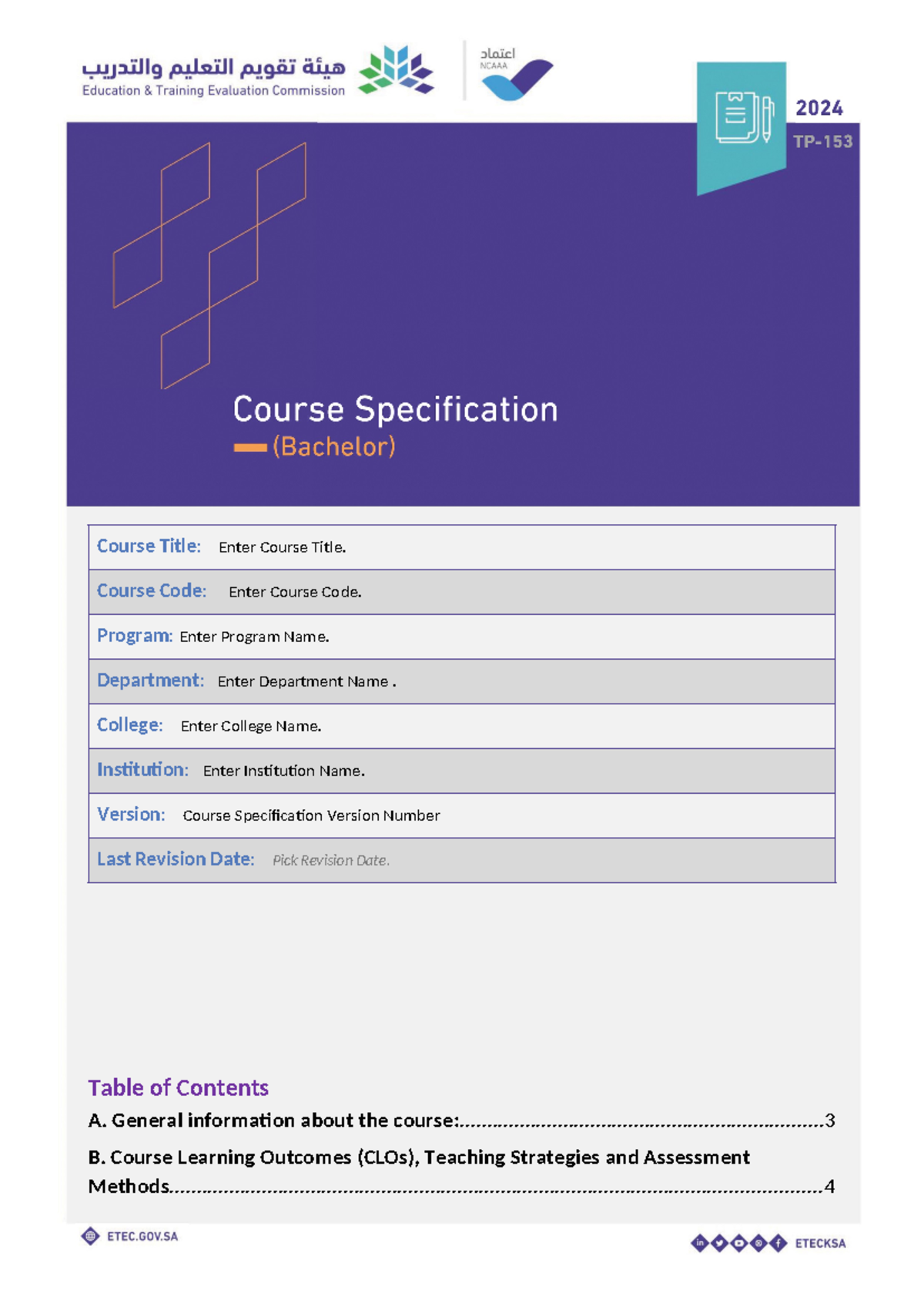Bachelor Course Specification Form-Blank - Course Title: Enter Course ...