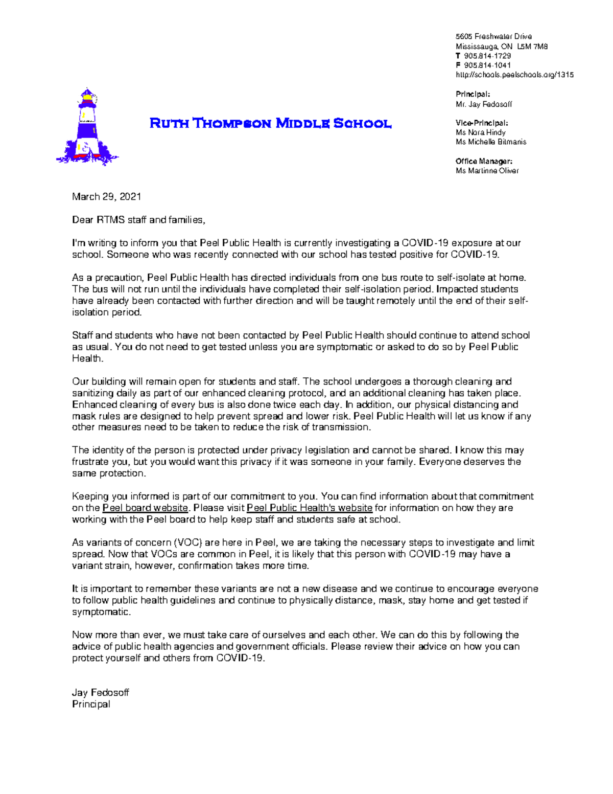 Bus dismissal Community letter - March 29, 2021 Dear RTMS staff and ...