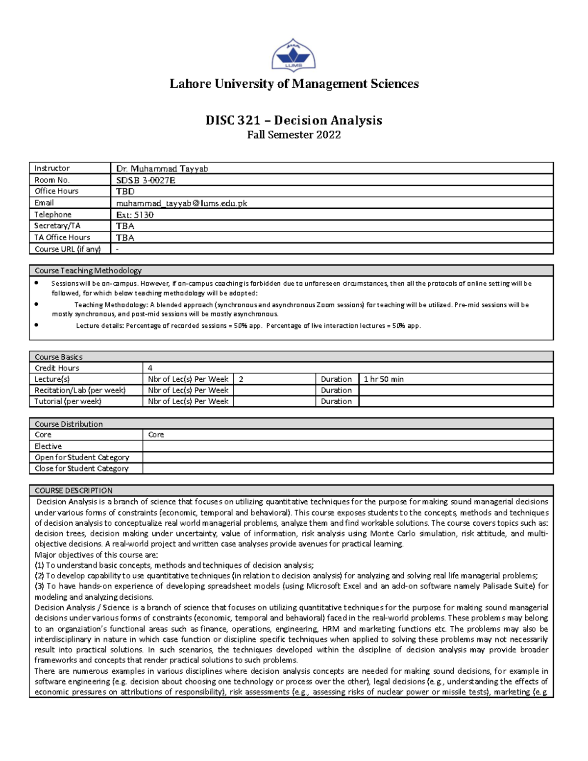 DISC 321 - Decision Analysis - Section 1 and 2 - Muhammad Tayyab - DISC ...