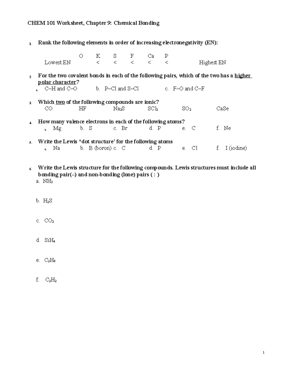 Worksheet Chapter 9 Bonding NEW - CHEM 101 Worksheet, Chapter 9 ...