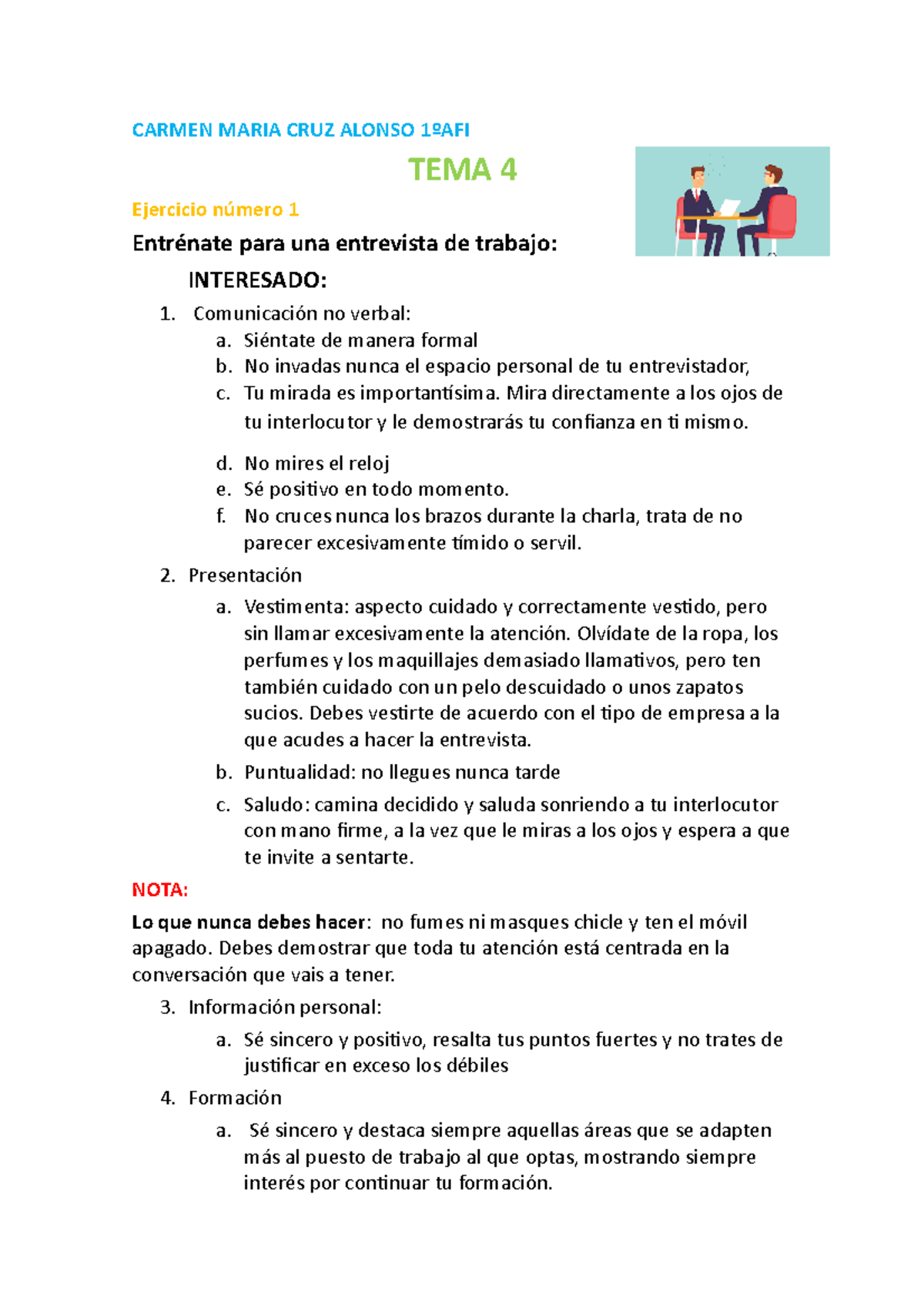 TEMA 4 - RRHH - CARMEN MARIA CRUZ ALONSO 1ºAFI TEMA 4 Ejercicio número 1 Entrénate para una ...