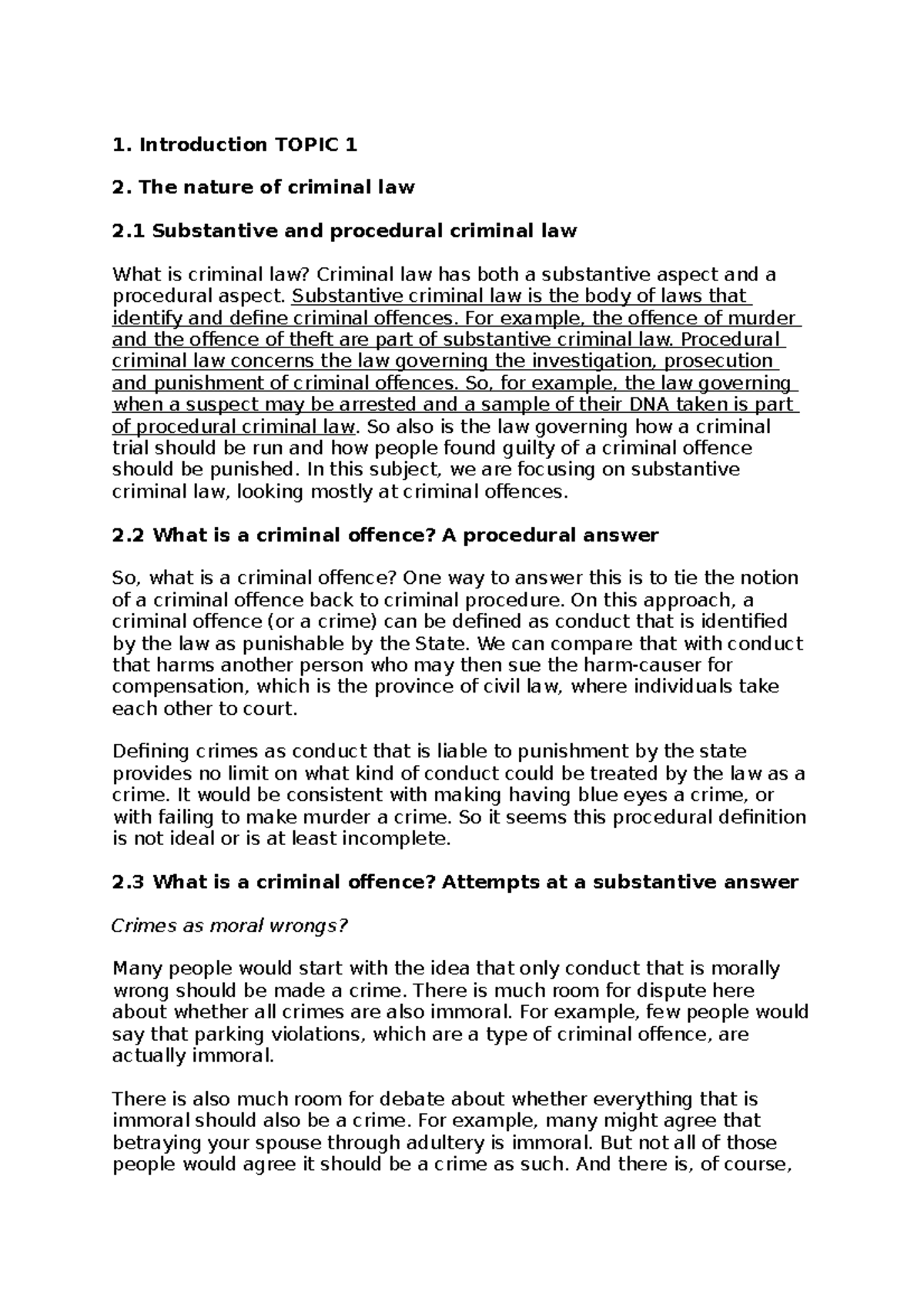 1 - notes - Introduction TOPIC 1 The nature of criminal law 2 ...