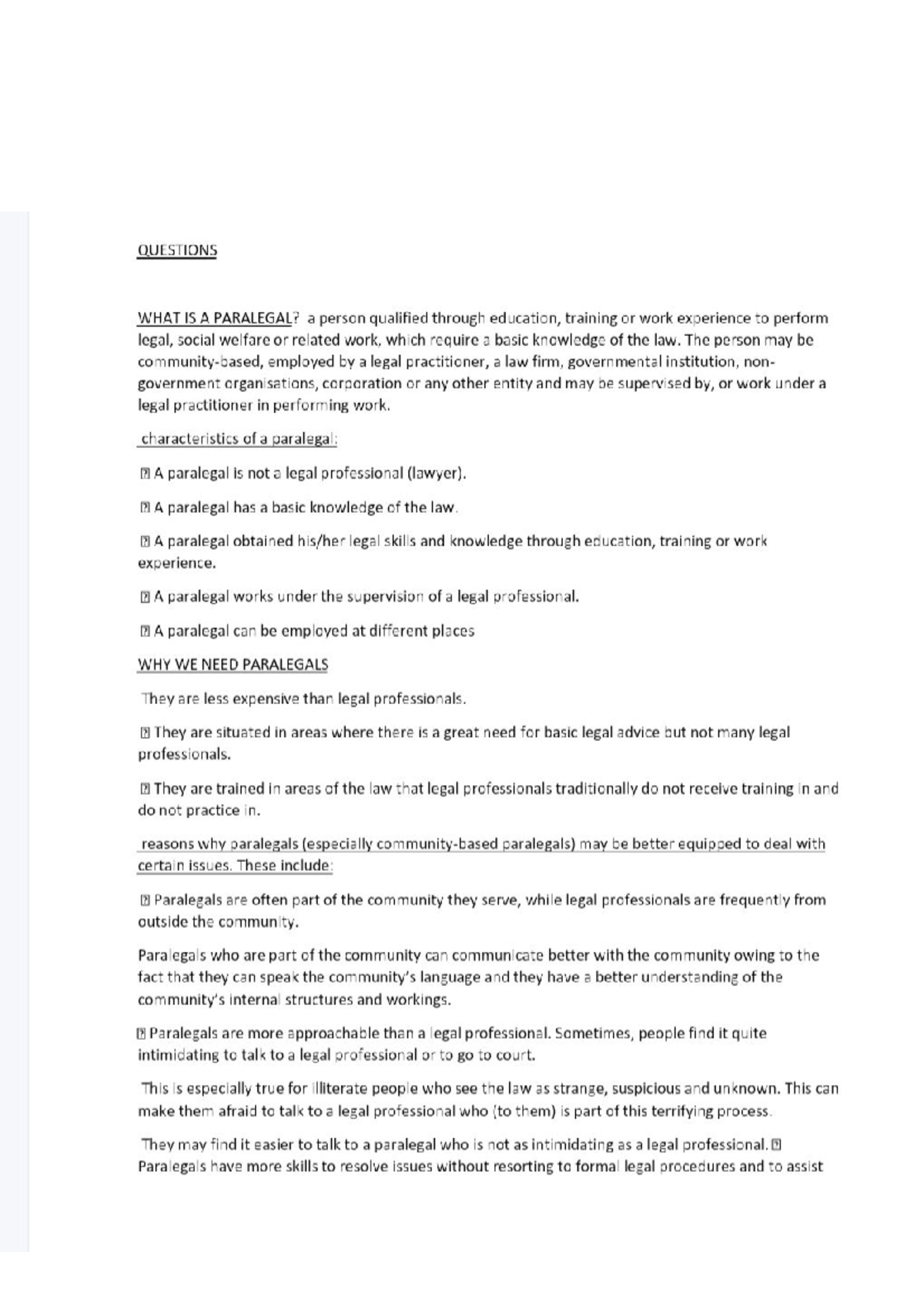PAR1501 Questions and Answers - QUESTIONS WHAT IS A PARALEGAL? a person ...