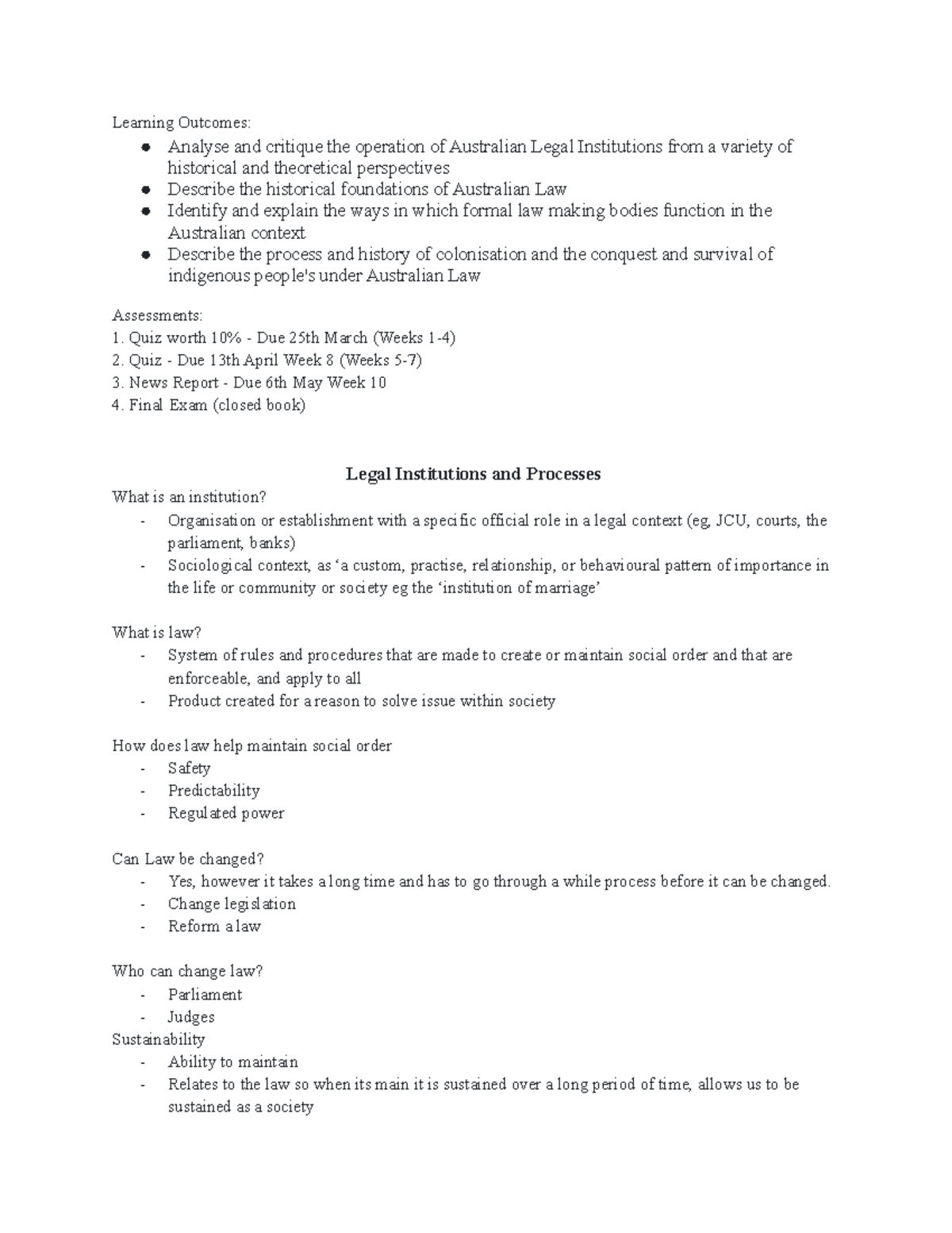 Legal Institutions and Processes - Learning Outcomes: Analyse and ...