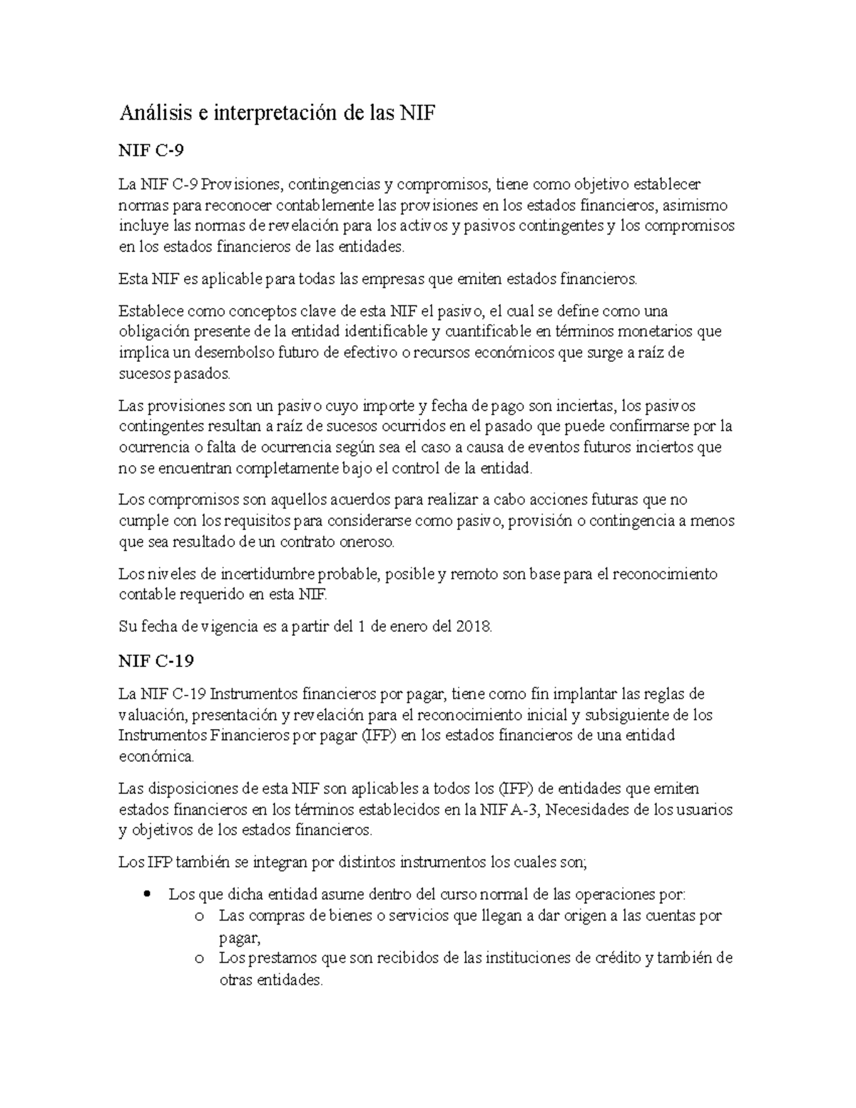 Análisis e interpretación de las NIFF - Análisis e interpretación de las NIF NIF C- La NIF C-9 ...