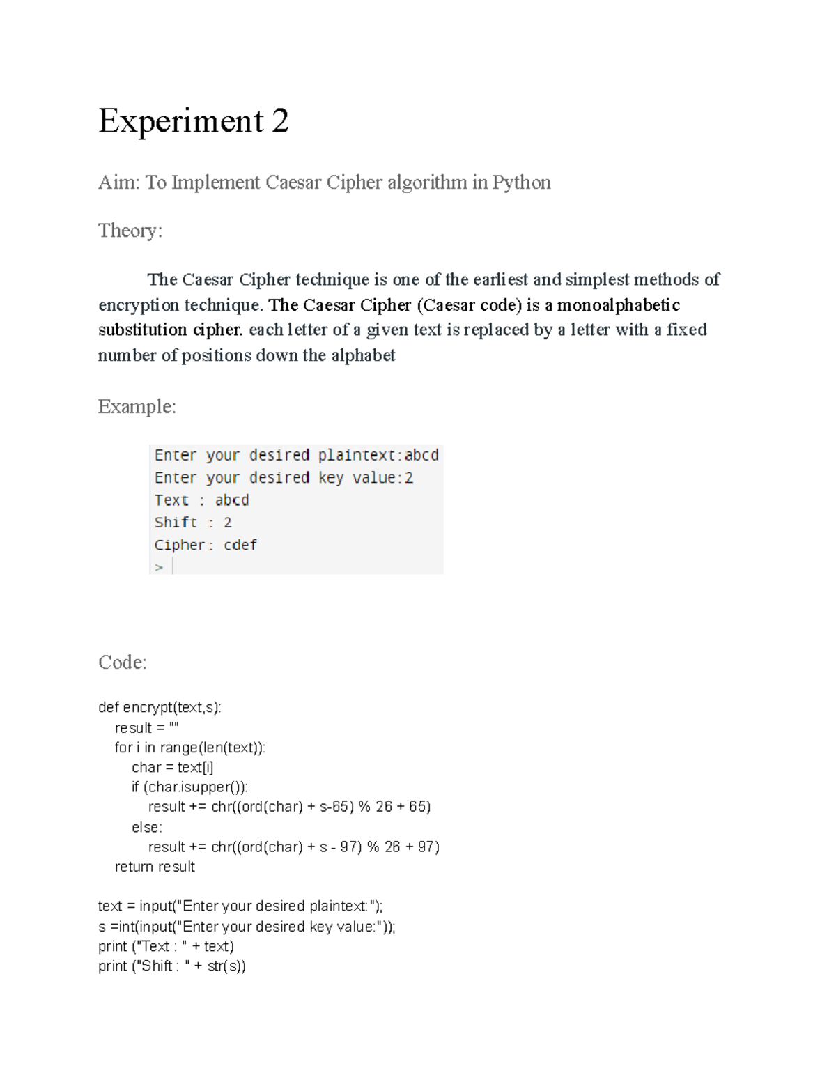262 CSS Exp-1 - Experiment 2 Aim: To Implement Caesar Cipher algorithm in Python Theory: The ...