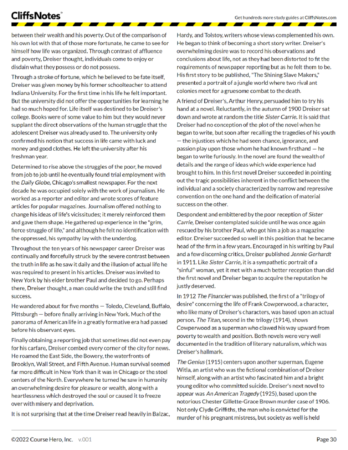 Cliffs Notes on Sister Carrie 30 - Biology 101 - Studocu