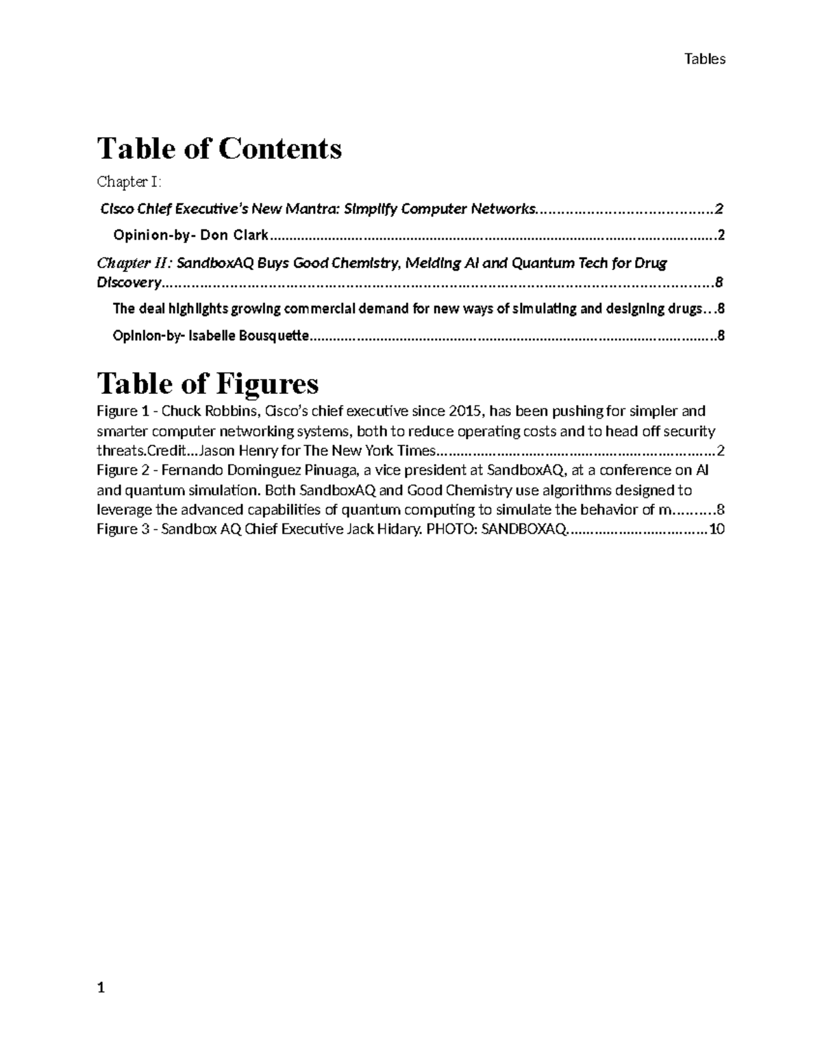 Business Article Formatting - Tables Table of Contents Chapter I: Cisco ...