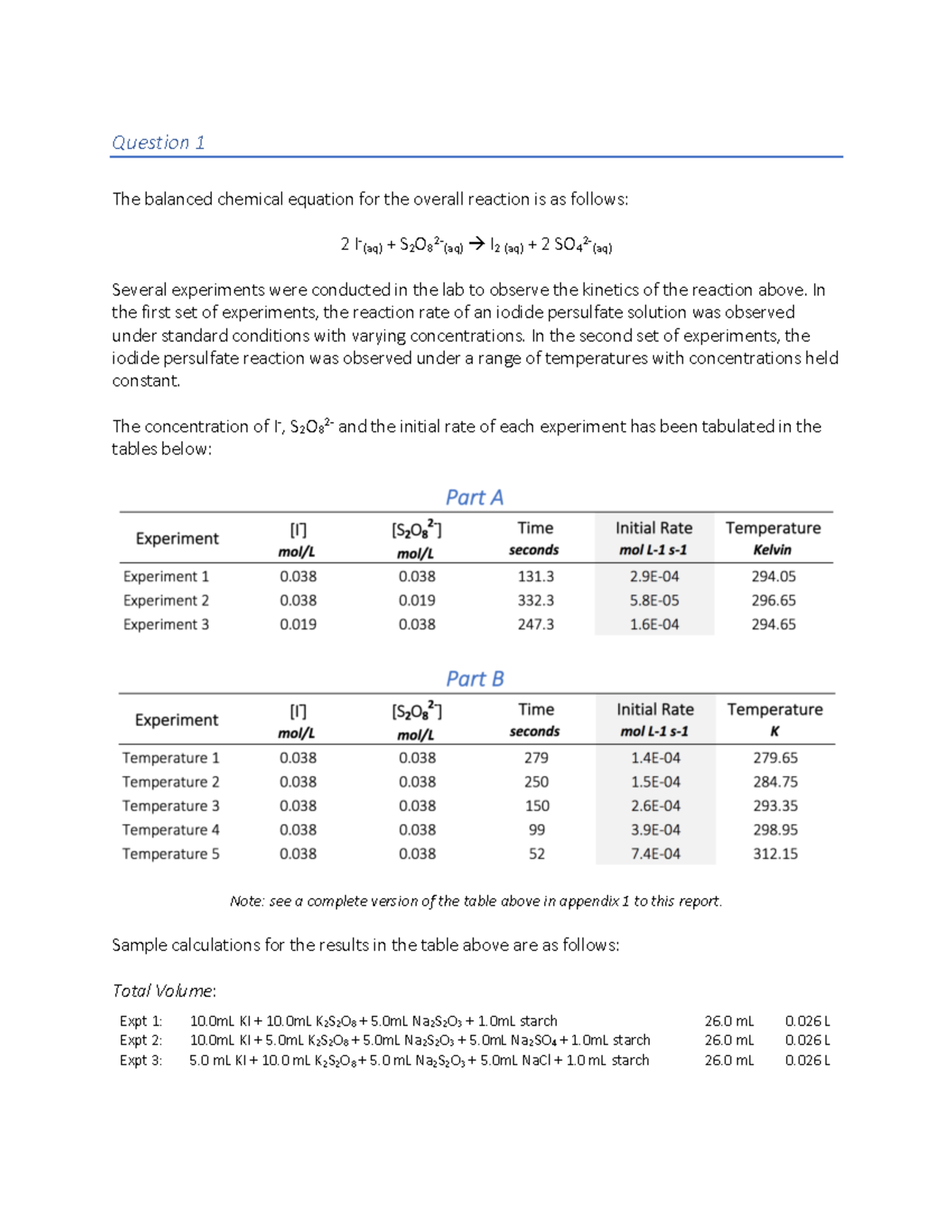 Expt 3 Lab Report 1 - Question 1 The balanced chemical equation for the ...